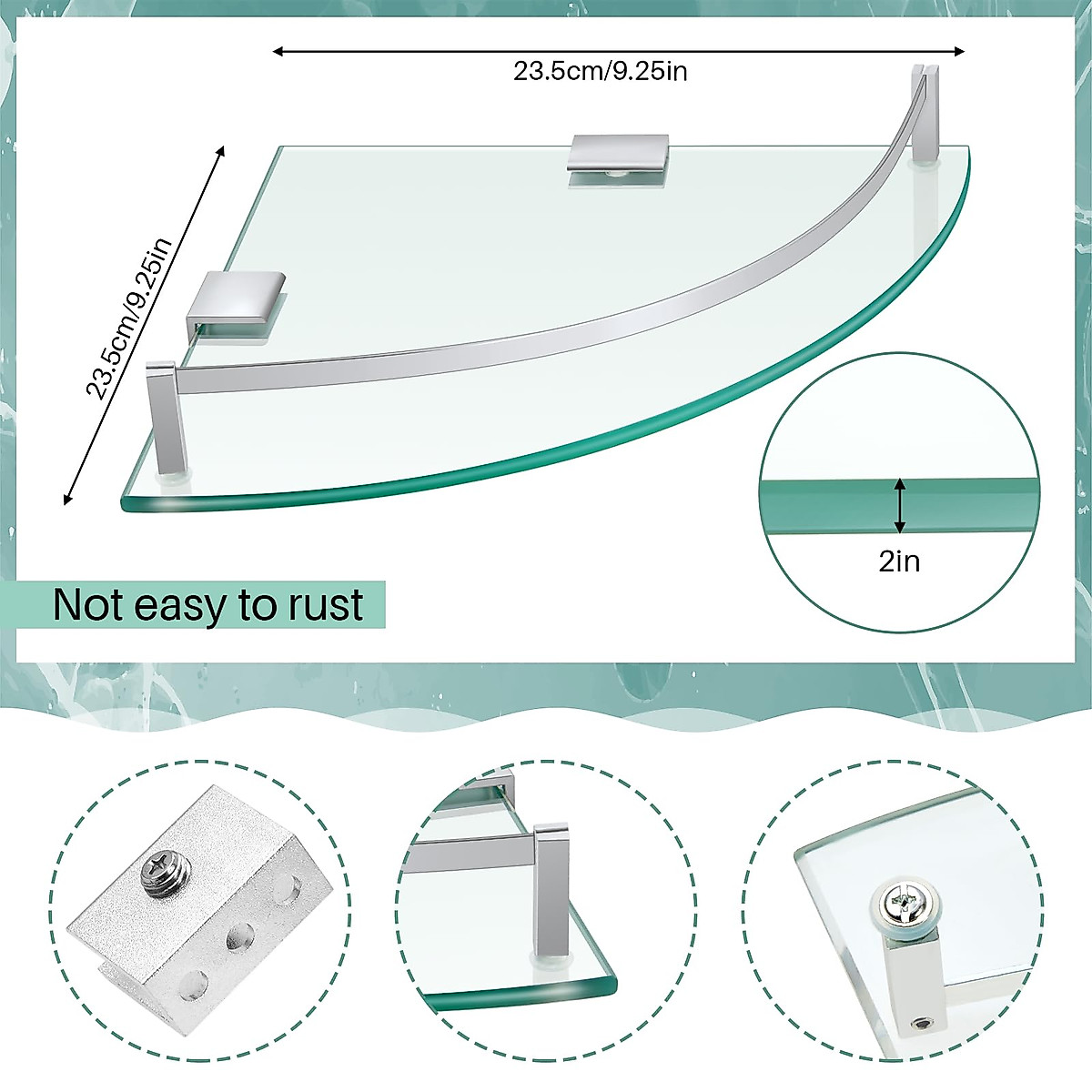 Gejoy 2 Pcs Glass Corner Shelf Glass Shower Shelves Bathroom Glass Shelf Floating Tempered Glass Shelves Wall Mounted Corner Organizer for Storing Bottle Shower Gel Shampoo Brush, 9.25 Inches