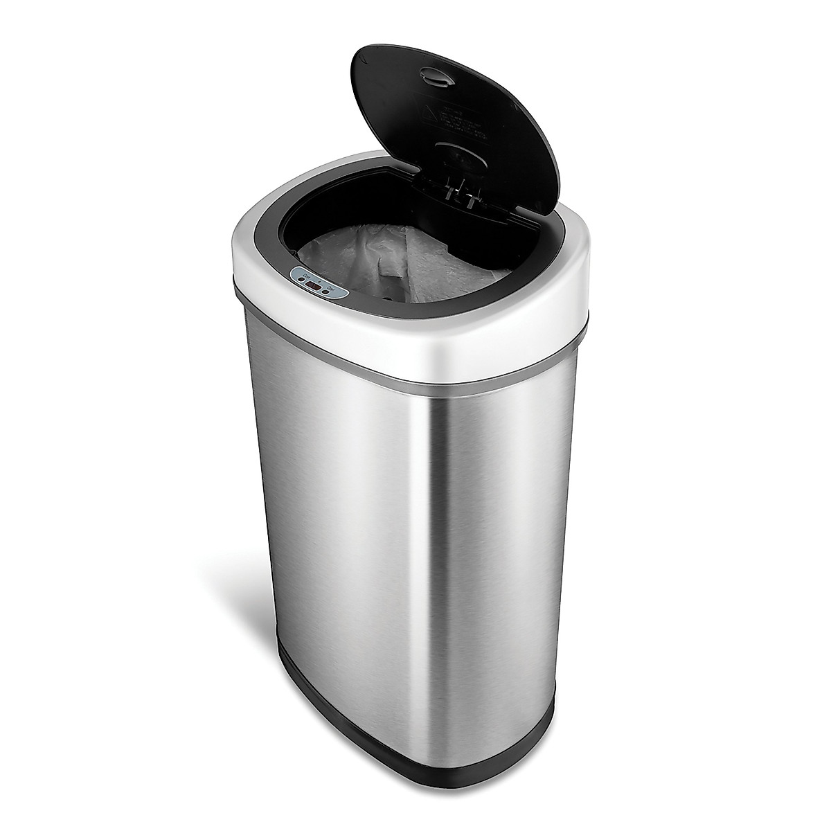 NINESTARS DZT-50-9 Automatic Touchless Infrared Motion Sensor Trash Can, 13 Gal 50L, Stainless Steel Base (Oval, Silver/Black Lid)
