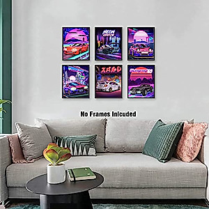 Tokyo Street Racing Wall Art Prints, Japanese Wall Art Modern Urban Neon Posters, Tokyo Skyline Mount Fuji Car Canvas Art Painting for Living Room Boys Room Wall Decor, Set of 6 - (8"x10" Unframed)