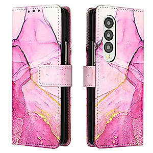 Compatible with Samsung Galaxy Z Fold 4 Case with Wallet Marble Pink Purple Gold with Long Crossbody Lanyard and Hand Strap for Samsung Galaxy Z Fold4