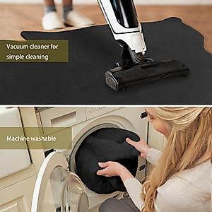 Faux Fur Cowhide Rugs (5 * 7 ft), Machine Washable Cow Print Area Carpet Black Color with Non-Slip Suede Backing, Durable & No Shedding