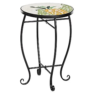 SSLine Outdoor Mosaic Side Table Elegant Round Accent Table with Colorful Glass Top&Metal Frame Patio Deck Sofa Chair-Side End Table Small Coffee Tables Plant Stand for Living Room Backyard Balcony