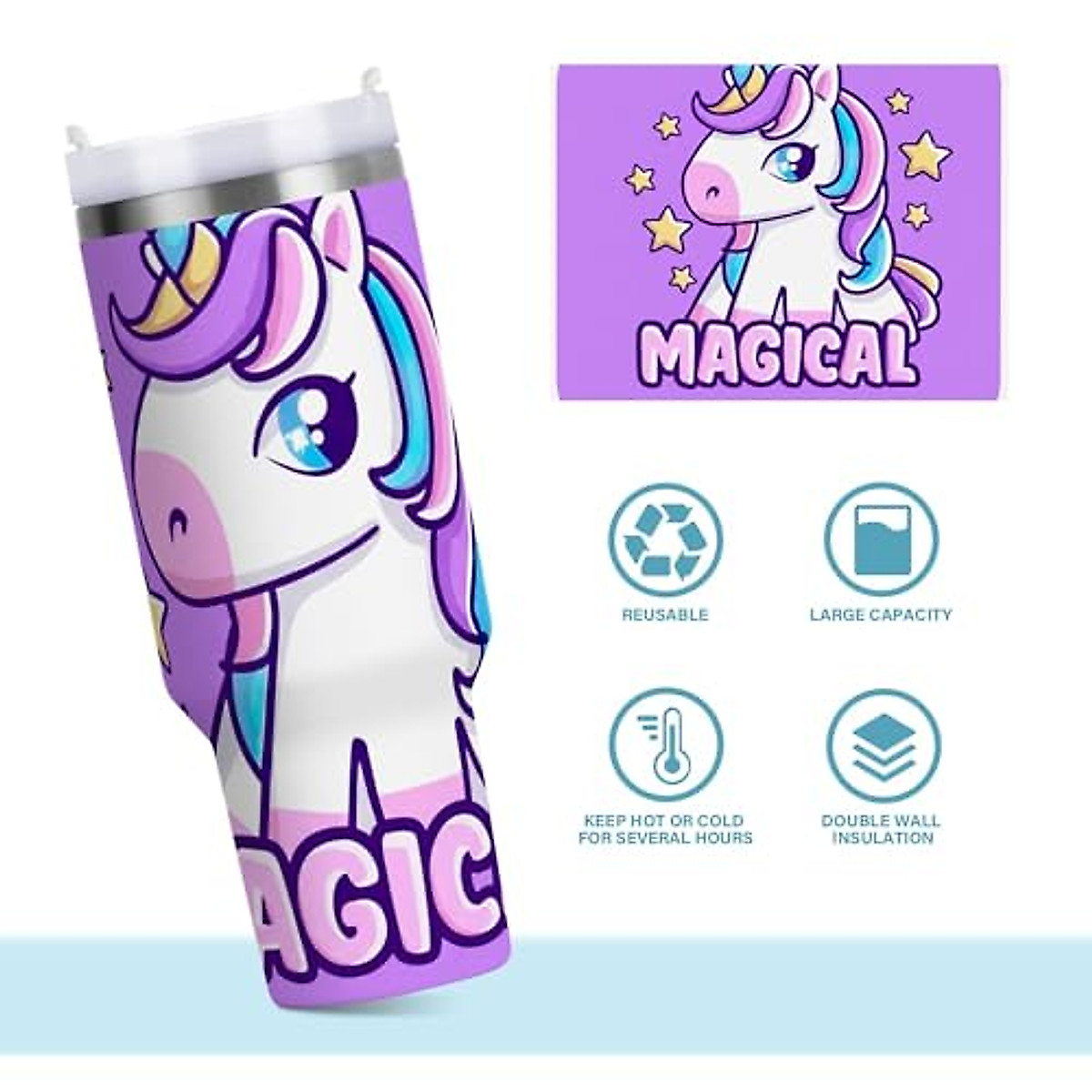 ODAWA 40oz Spill Proof Tumbler with Straw, Cute Unicorn Purple Insulated Stainless Steel Tumbler with Lid and Straw Insulated Travel Tumbler