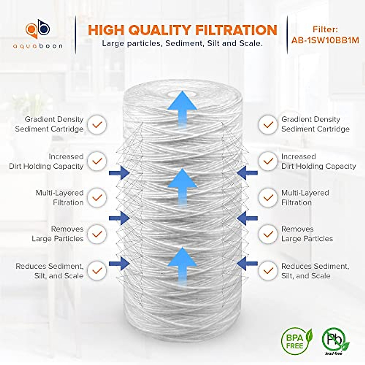 Aquaboon 1 Micron 10" x 4.5" String Wound Sediment Water Filter Cartridge | Whole House Sediment Filtration | Compatible with 84637, WPX5BB97P, PC10, 355214-45, 355215-45, WP10BB97P WP5BB97P 6-Pack