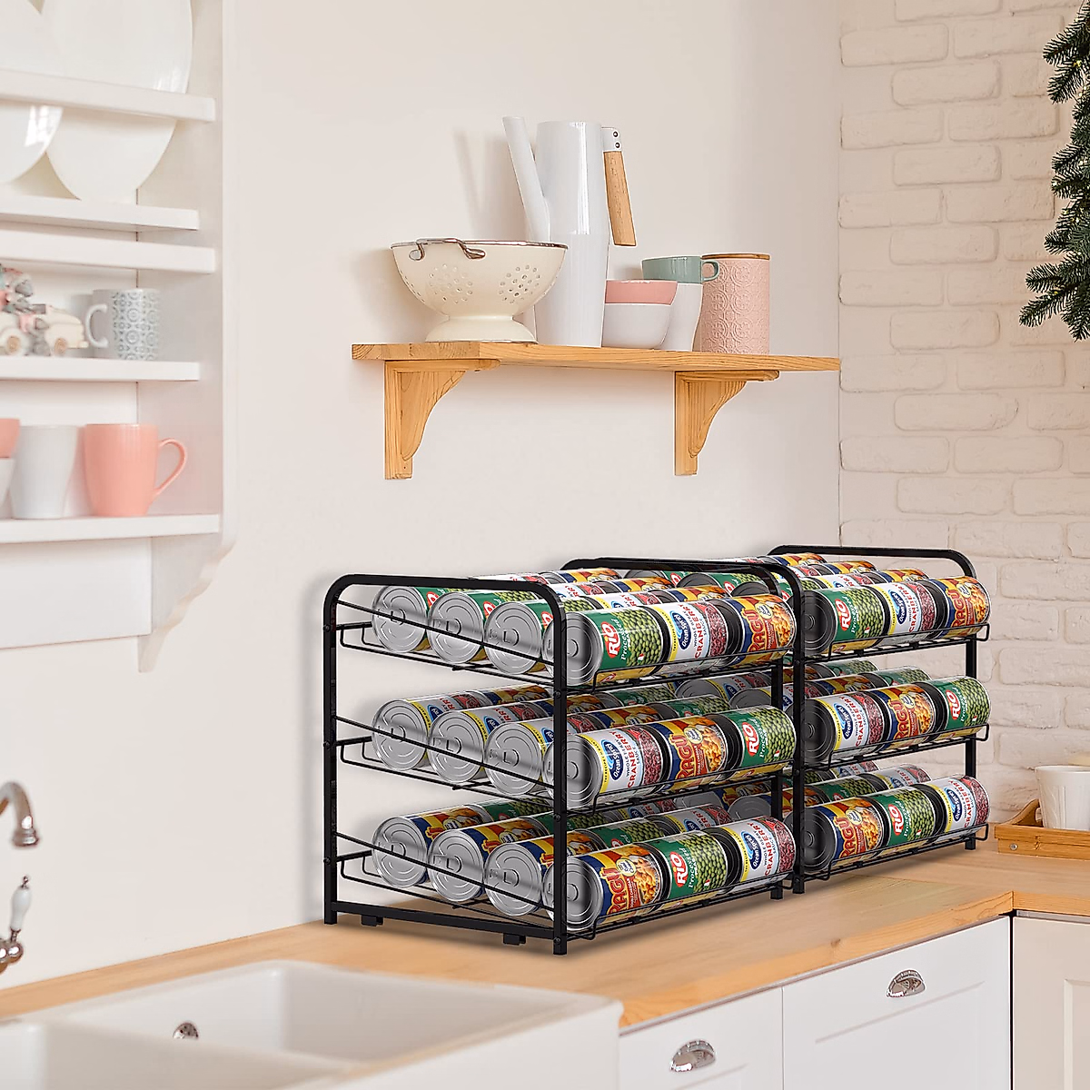 NORCEESAN Stackable Can Rack Dispenser 2 Pack Can Storage Rack Organizer Can Food Storage Rack Holds Up to 72 Cans for Kitchen Cabinet Countertops, Black