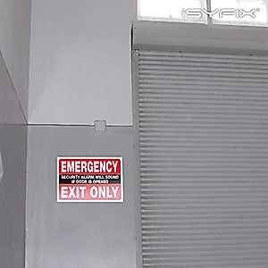 iSYFIX Emergency Exit Only Stickers – 2 Pack 10x7 Inch – Premium Self-Adhesive Vinyl, Laminated UV, Weather, Scratch, Water & Fade Resistance, Security Alarm Will Sound if Door is Opened Sign