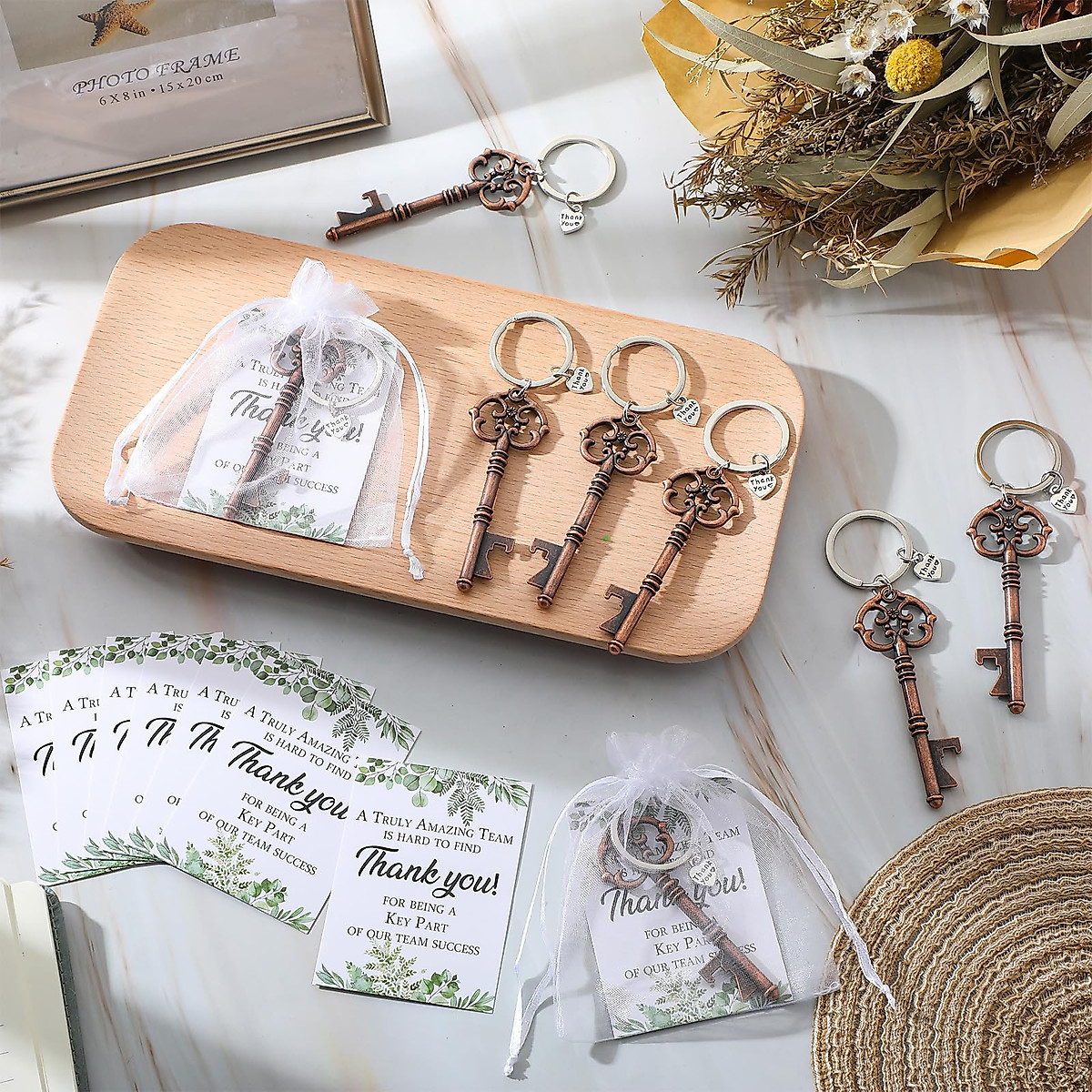 Sasylvia 50 Set Employee Appreciation Gifts Bulk Skeleton Key Bottle Opener Keychain Thank You Card Organza Bags for Coworker