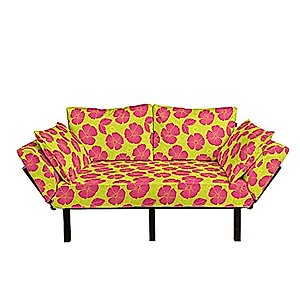 Ambesonne Floral Futon Couch, Top View Graphical Design of Colorful Dainty Summer Flowers, Daybed with Metal Frame Upholstered Sofa for Living Dorm, Loveseat, Yellow Green Hot Pink