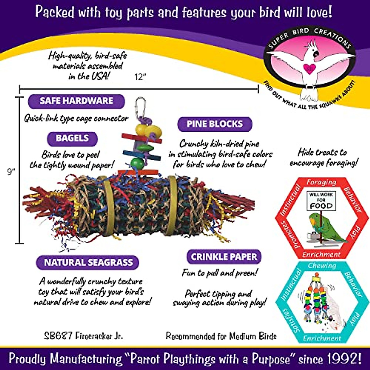 Super Bird Creations SB687 Firecracker Jr. Bird Toy, Medium Bird Size, 18" x 8"