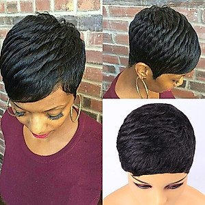 VRVogue Pixie Wigs Short Black Wavy Layered Short Human Hair Wigs for Black Women (1B#)