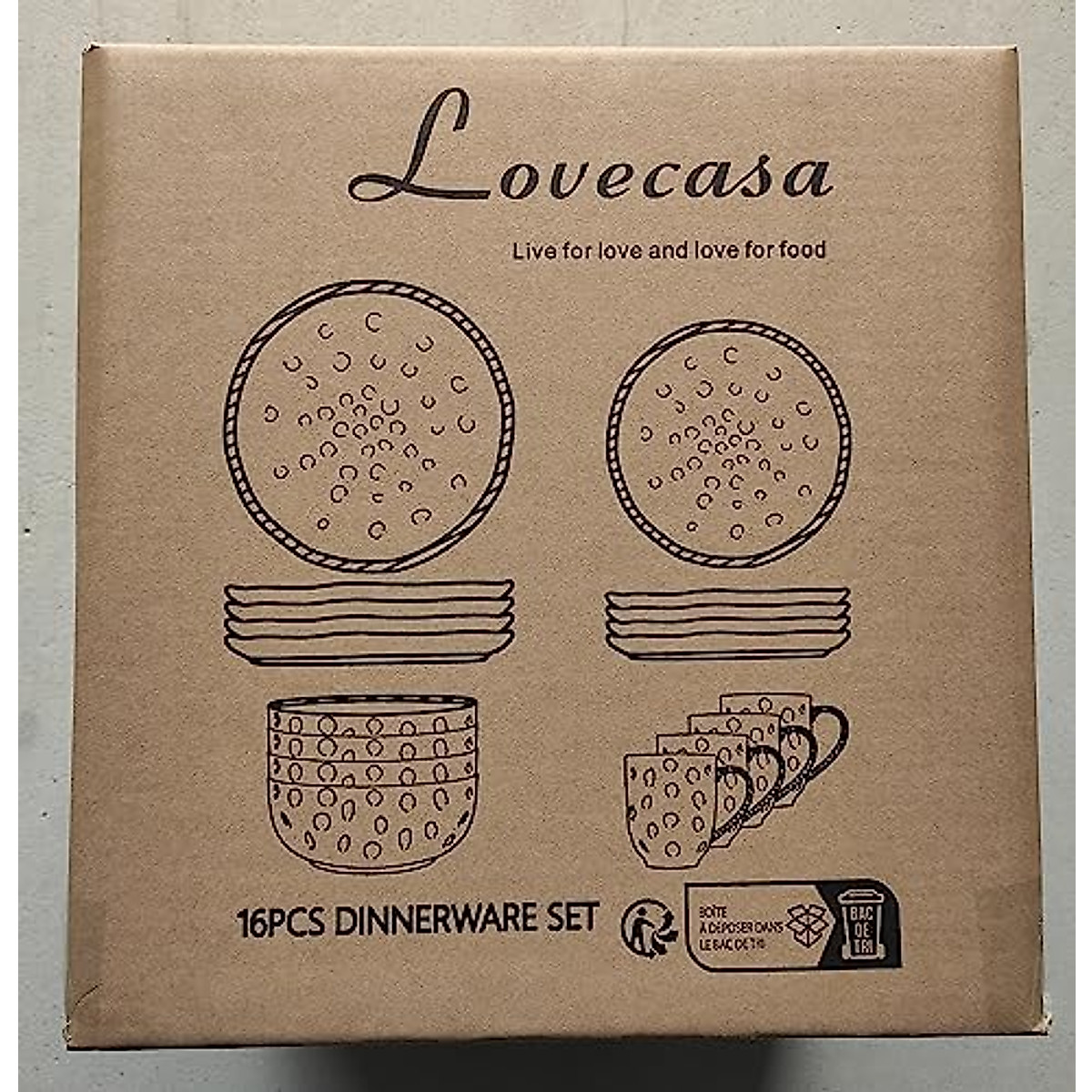 LOVECASA Stoneware Dish Set for 4, Handmade Plates and Bowls Sets, 16 PCS White and Gold Dinnerware Sets, Dishwasher Safe