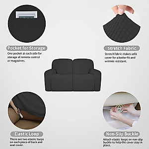 Easy-Going 100% Dual Waterproof Recliner Loveseat Cover, 6-Pieces Stretch Relining Sofa Cover with Pocket, Jacquard 2 Seat Sofa Slipcover Leakproof Washable (Loveseat, Dark Gray)