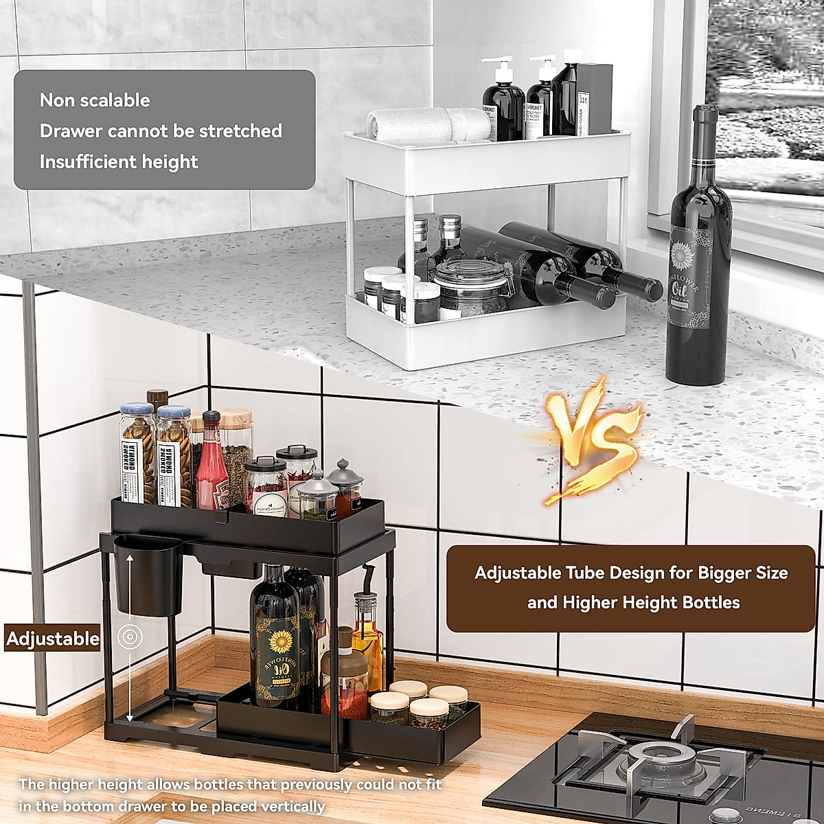 GAOLINE 2 Pack 2 Tier Under Sink Organizers and Storage,Under Bathroom Cabinet Organizer with Hooks Hanging Cup, Double Sliding Drawers Cabinet Basket Organizer for Bathroom, Up to 14.5 inches High