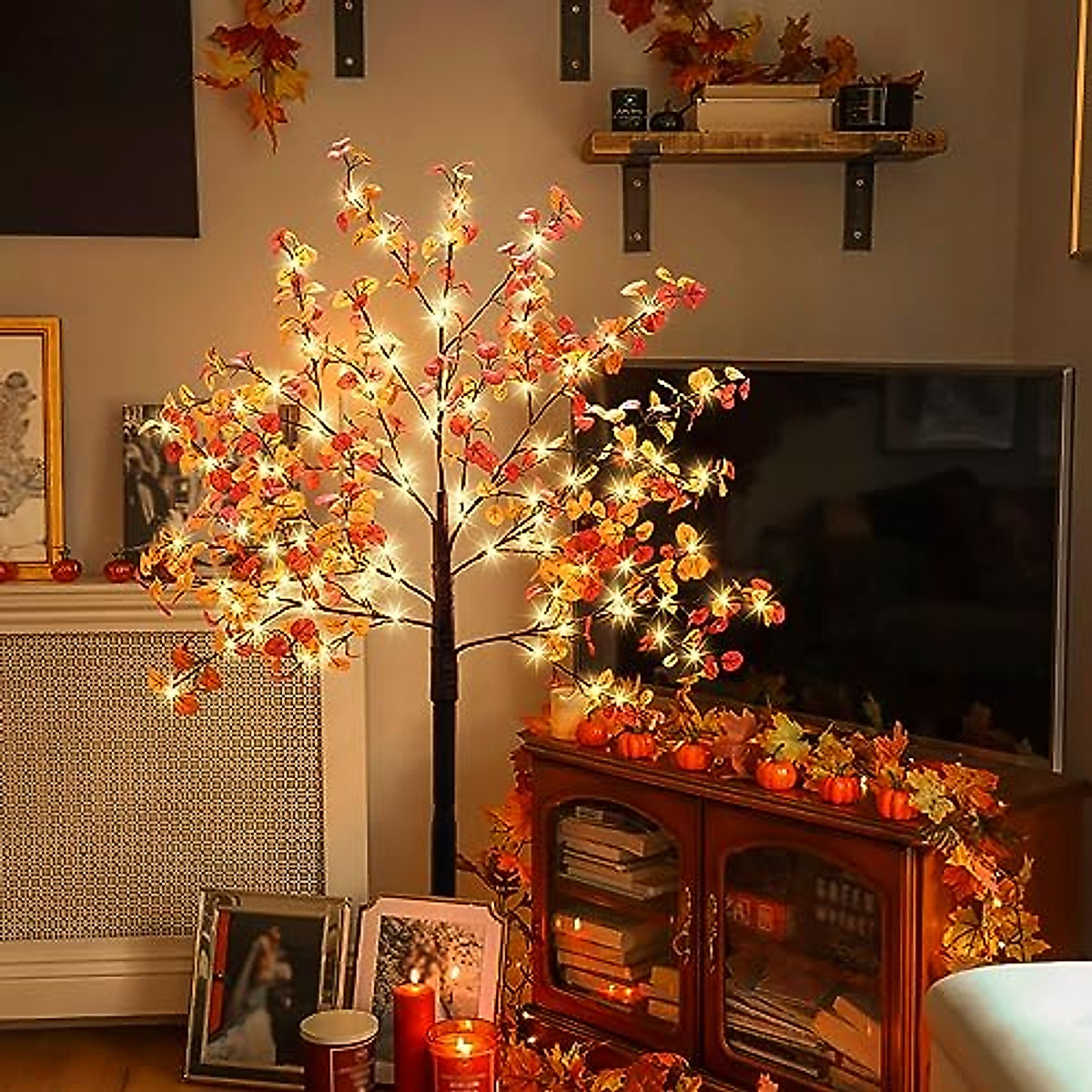 Agusbagli 4FT 140LED Lighted Fall Eucalyptus Tree Thanksgiving Fall Decorations with Timer & 8 Modes Artificial Fall Trees with Lights & 336 Leaves Fall Light Up Tree Harvest Indoor Outdoor Fall Decor