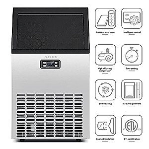 CROWNFUL Commercial Ice Maker 100Lbs/24H, Stainless Steel Ice Machine with 33Lbs Ice Storage Capacity, Free-Standing Under Counter Ice Maker, Ideal for Home, Office, Restaurant, Bar, Coffee Shop