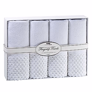 Creative Scents Decorative Fingertip Towels for Bathroom and Powder Room with Gorgeous White Lace - 4 Pack - 11 by 18" - Cotton Velour Towel Set Packaged in Gift Box for Best Holiday Gift (White)