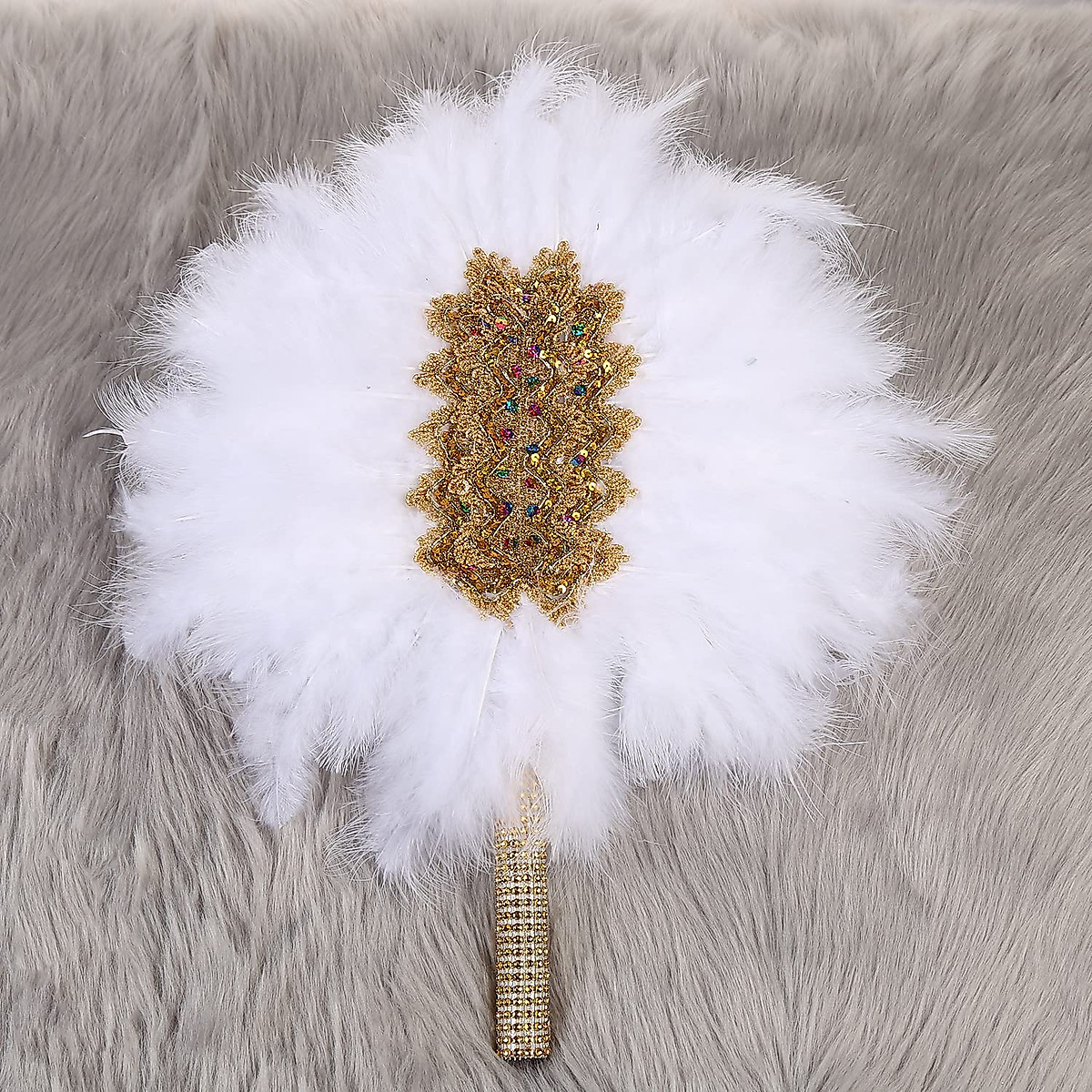 African Custom Wedding Feather Hand Fan Lace Dance Fan with Sequins Stone Handmade Abanicos para Boda Bride Hand Held Photo Prop