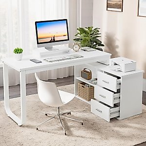 MaverickFurni White Desk with Drawers, 55 Inch White L Shaped Desk with 3 Drawers, Computer Desk with Monitor Stand, White Home Office Sturdy Desk with Storage for Bedroom