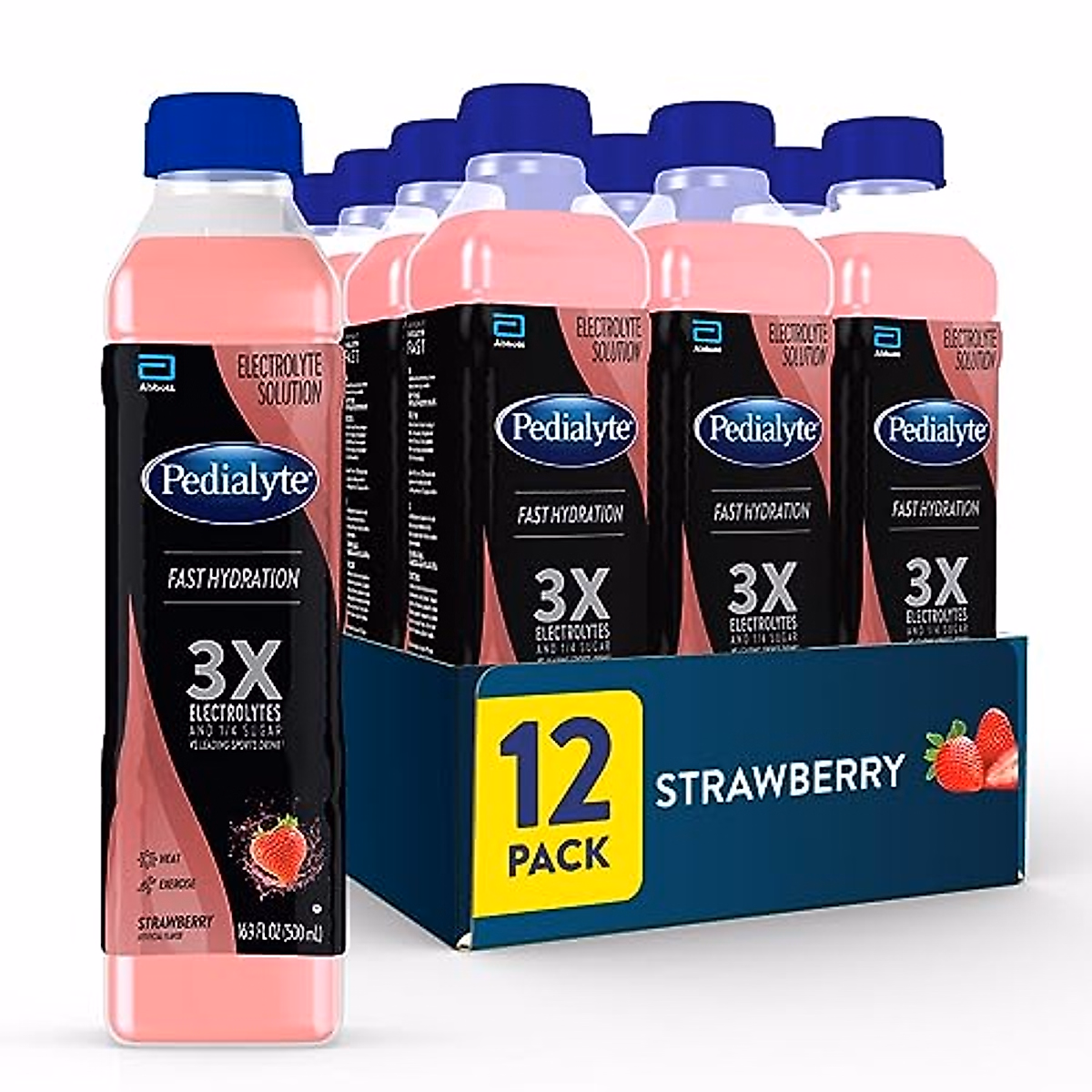 Pedialyte Electrolyte Solution, Strawberry, Hydration Drink, 12 bottles, half liter each