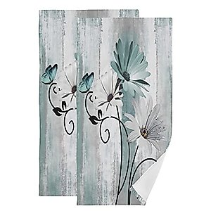 AIYOOLER Hand Towels for Bathroom Set of 2 Farm Teal White Daisy Floral Flowers Butterfly on Country Wooden Soft Absorbent Small Bath Towels Decorative Kitchen Guest Dish Towel for Spa,Hotel 28x14in