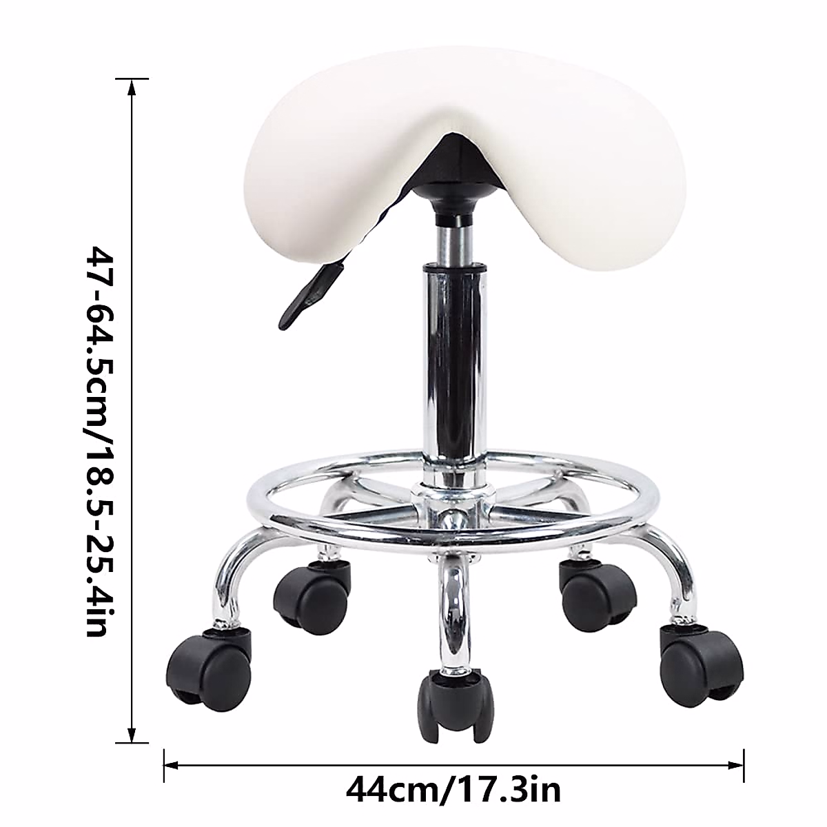 KKTONER Saddle Stool with Foot Rest PU Leather Swivel Adjustable Rolling Stool with Wheels Facial Salon Chair (White)
