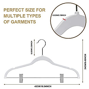 Quality Plastic Non Velvet Non-Flocked Thin Compact Coat Hangers with Metal Clips for Skirts Pants Blouses 360° Swivel Hook (White, 20)