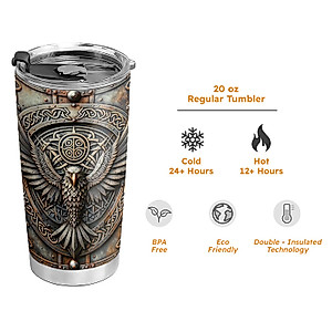 20oz Viking Celtic Warrior Eagle Tumbler, Norse Mythology, Viking Gifts for Men, Coffee Thermos for Men, Stainless Steel Double Wall Vacuum Insulated Coffee Mug, Travel Cup with Lid