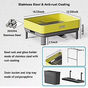MTCIZI Dish Drying Rack, Large Dish Rack Set for Kitchen Counter, Stainless Steel Over Sink Dish Drainer with Wine Glass Holder Utensil Holder, Durable Large Capacity Organizer Grey/Green