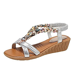 Women's Tan Sandals Ladies Fashion Bohemian Summer Leather Knitted Rhinestone Decoration Slope Heel Sandals (Silver, 8)