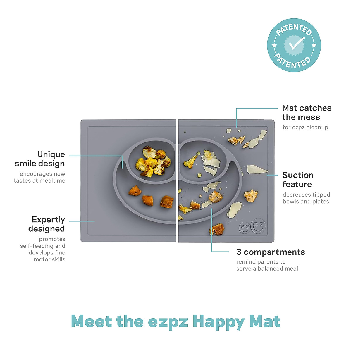 ezpz Happy Mat - 24 Months+ (Gray) - 100% Silicone Suction Plate with Built-in Placemat for Toddlers + Preschoolers - Divided Toddler Plates - Toddler Essentials