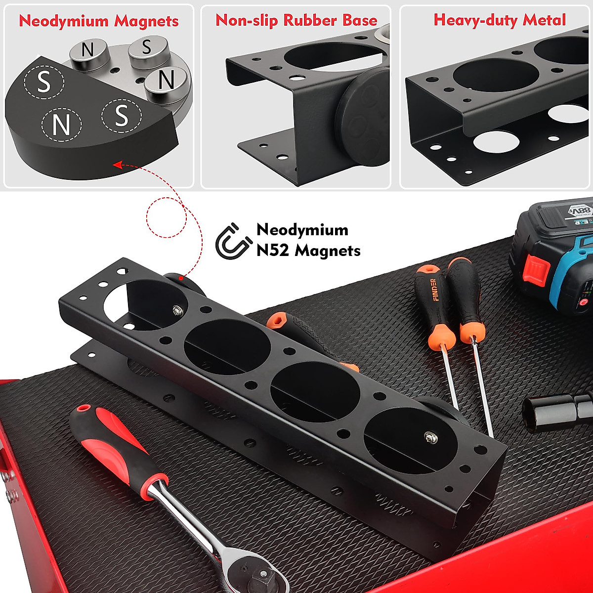 MUTUACTOR Super Power Tool Organizer,Non-slip 4 Drill Holder Magnetic Mount with 2 Layer Heavy Duty Metal Power Tool Storage Rack,Garage Tool Organizer Storage Screwdriver Plier Impact Drill Drivers