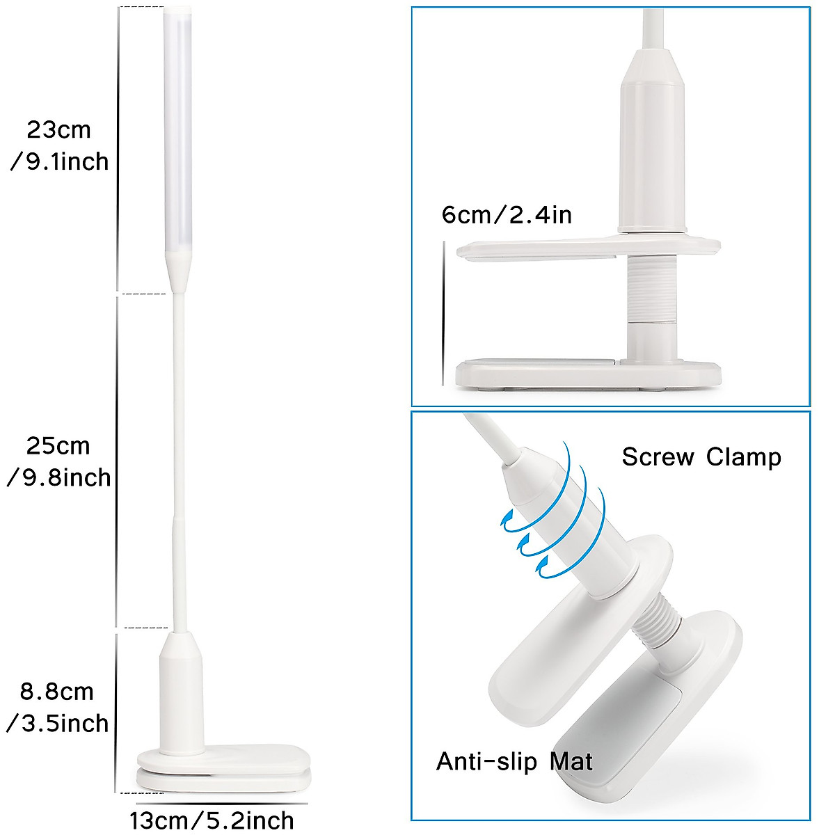 AnSun Rechargeable LED Desk Lamp Clip on Table Light with Battery Powered (2000mAh) 3 Color, Stepless Dimmable Touch Control 360° Flexible Reading Clamp Lamp for Study Bedroom Office (White)