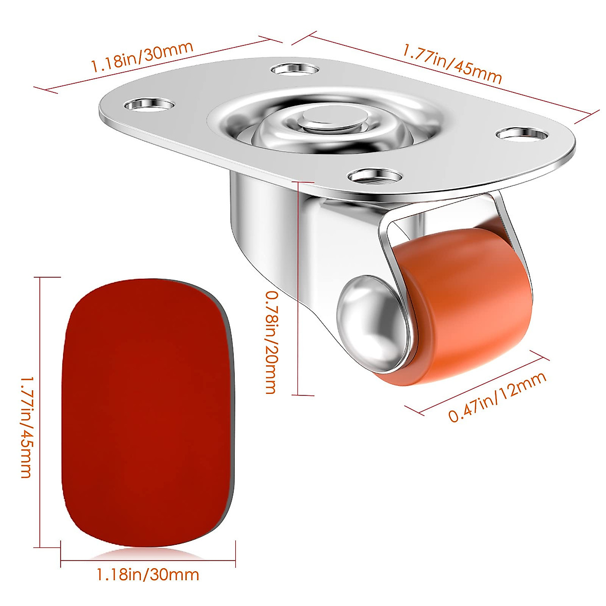 Homhoo 0.75" Self-Adhesive Caster Wheels - 360° Swivel, Strong Nano Adhesive, Steel Plate, 30 Lbs Load Capacity Per Caster, Easy Install - Pack of 16