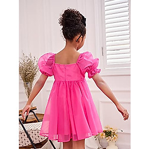 Verdusa Girl's Puff Short Sleeve Square Neck Mesh Short A Line Swing Dress Hot Pink 10Y
