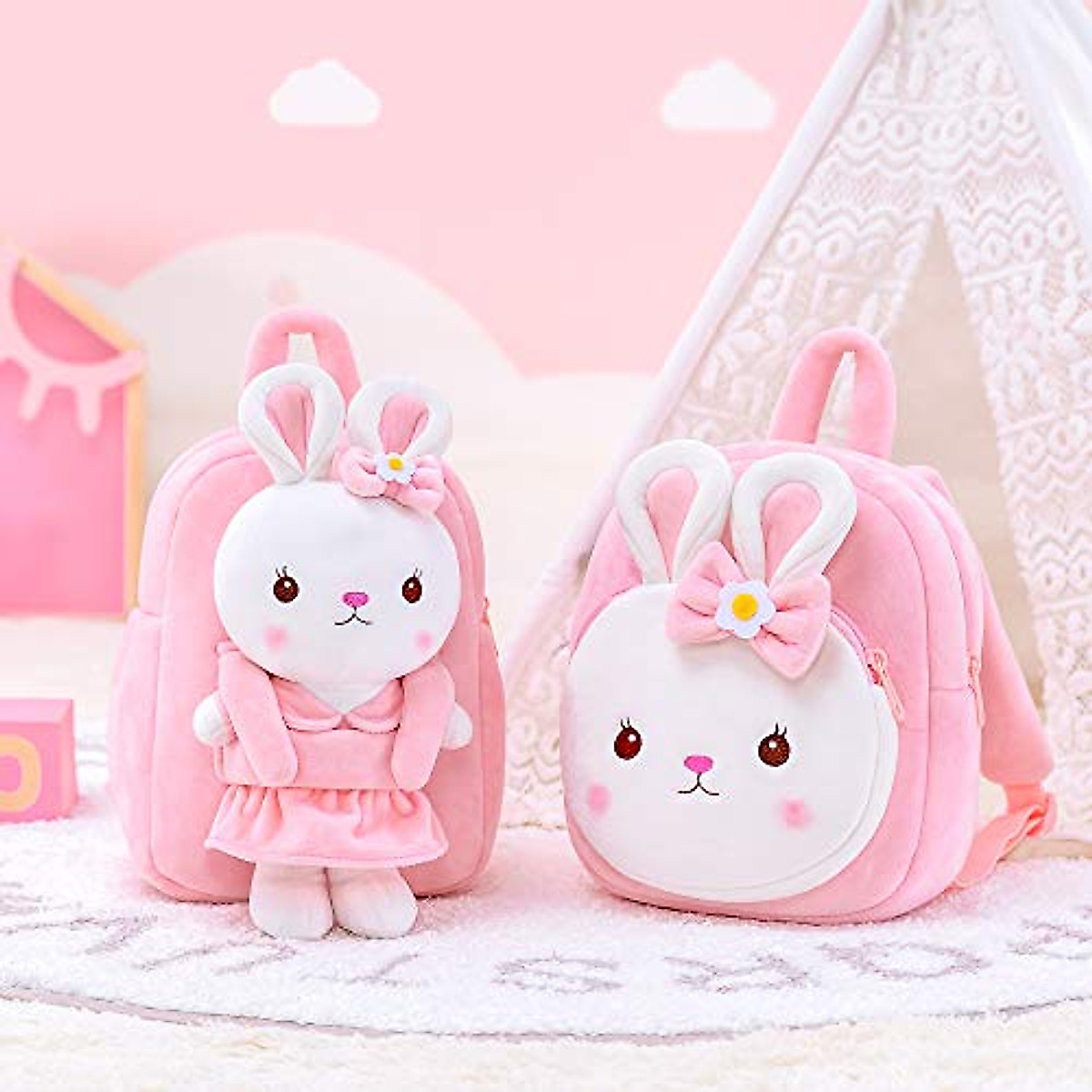 Gloveleya Kids Backpack Toddler Backpacks with Stuffed Bunny Toy Pink 9''…