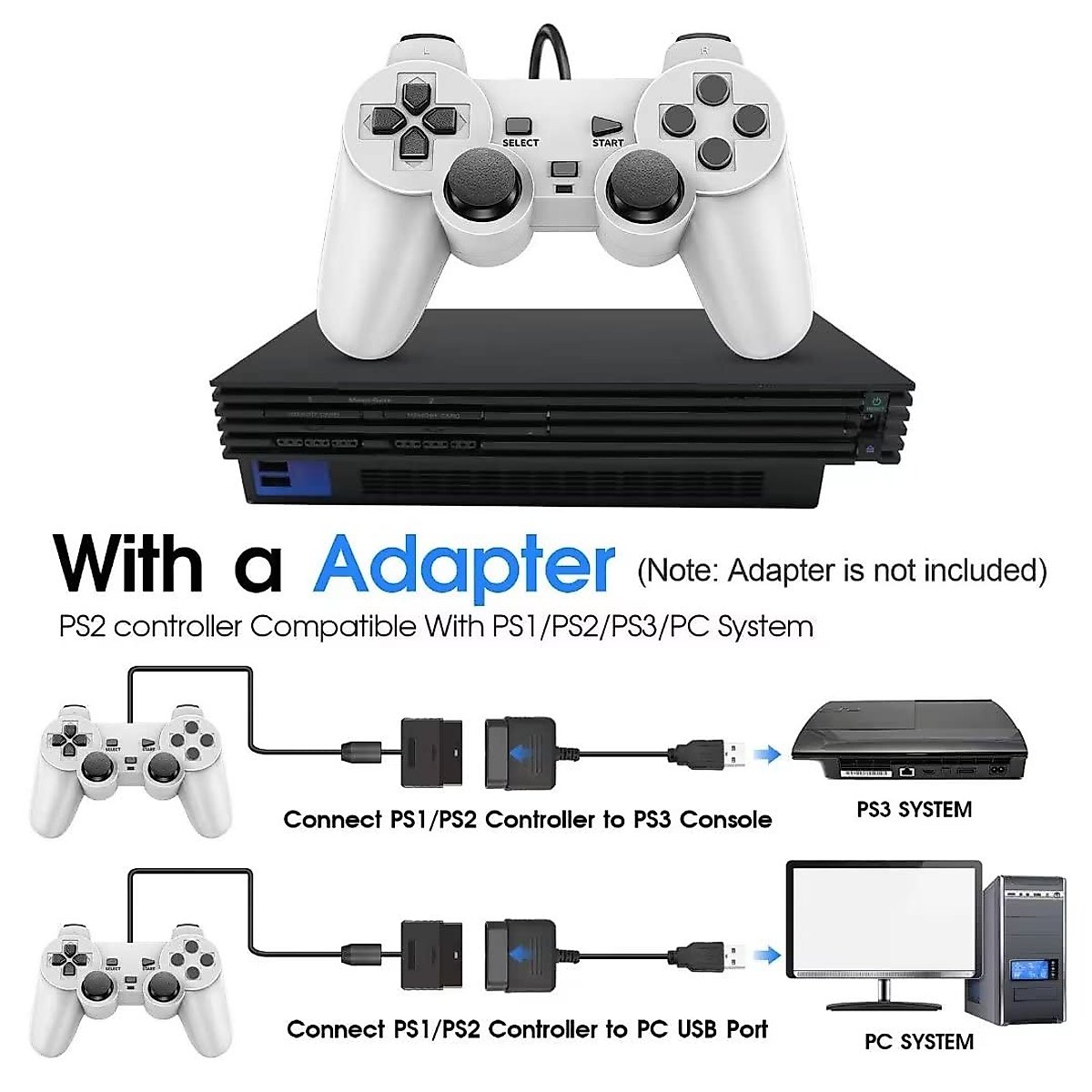 FIOTOK Wired Controller Compatible with PS2 Console with Upgraded Joystick/Double Shock/with 2.2M Cable PS2 Remote Gamepad | Enhanced (Grey)