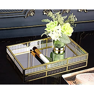 KEZNGUU Acrylic Tray,14" Serving Tray Decorative with Mirror Bottom,Contemporary Perfume Trays for Dresser,Gold Vanity Tray for Bathroom,Living Room,Bedroom,Ottoman,Nightstand,Office-Clear