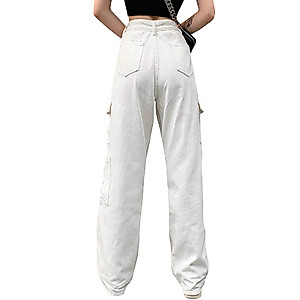 LONGYIDA Baggy Jeans for Women Y2K Stretch High Waisted Straight Wide Leg Denim Jeans Casual Cargo Pants Trousers(White,M)