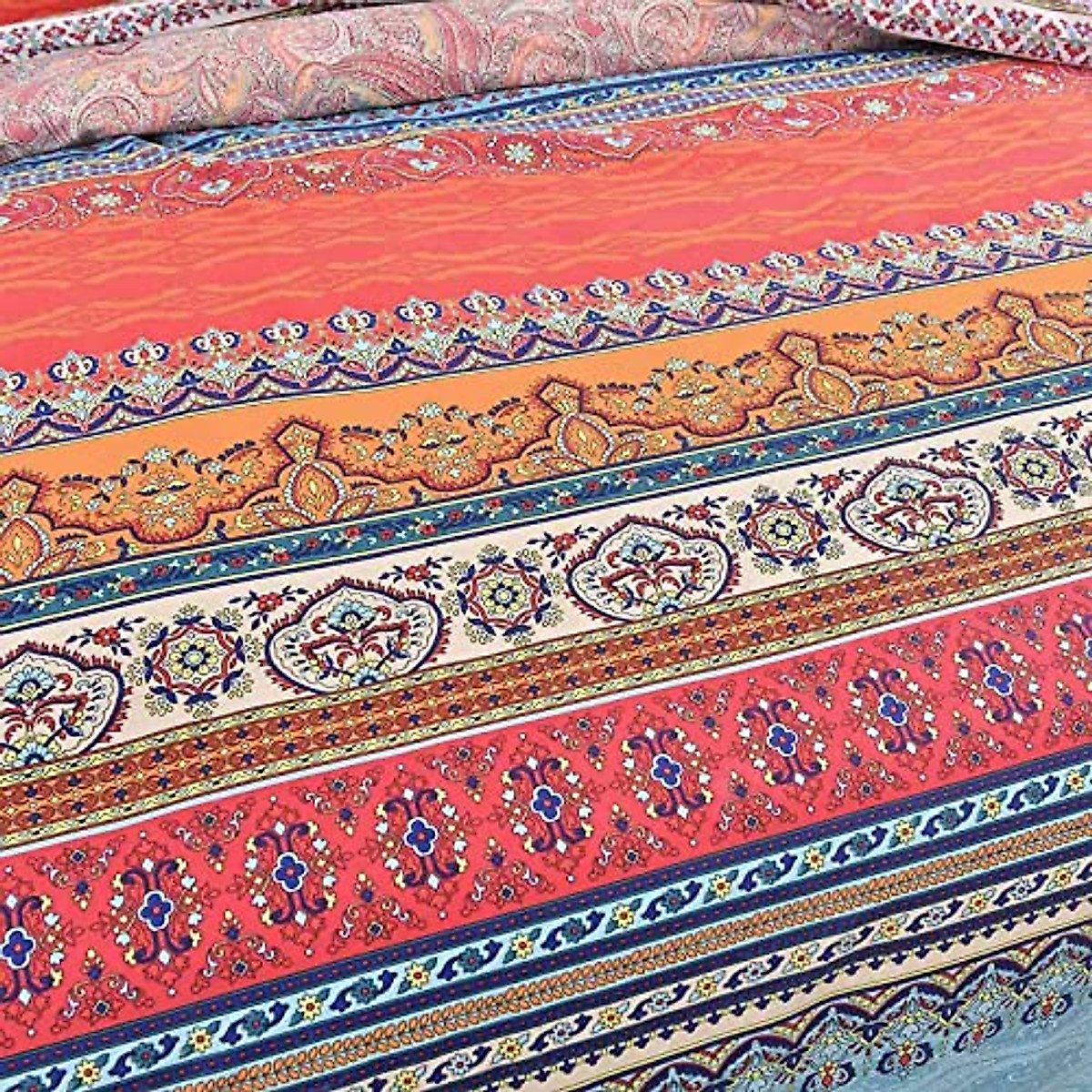 Nanko Queen Duvet Cover Set Boho Red Blue Colorful Retro Striped Print 3pc 90 x 90 Luxury Soft Microfiber Down Comforter Quilt Bedding Cover with Zipper Ties - Bohemian Exotic Style for Men and Women