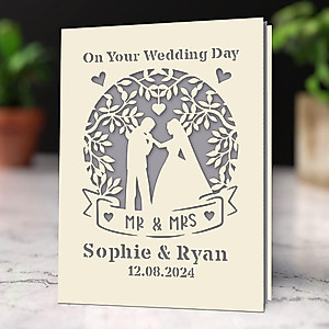 EDSG Personalized Wedding Card Gifts Mr and Mrs Gifts Greeting Cards with Any Name & Date Congratulations Wedding Day Laser Paper Cut Cards for Him Her Bride Groom Wife Husband New Couple(Gray)