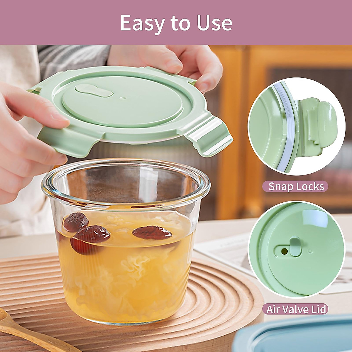 GO2HEJING Glass Food Storage Containers with Spoon Pack of 4, 23oz Glass Soup Containers with Airtight Lids, 3 Cup Leak-proof Round Glass Meal Prep Containers Microwave, Dishwasher and Freezer Safe