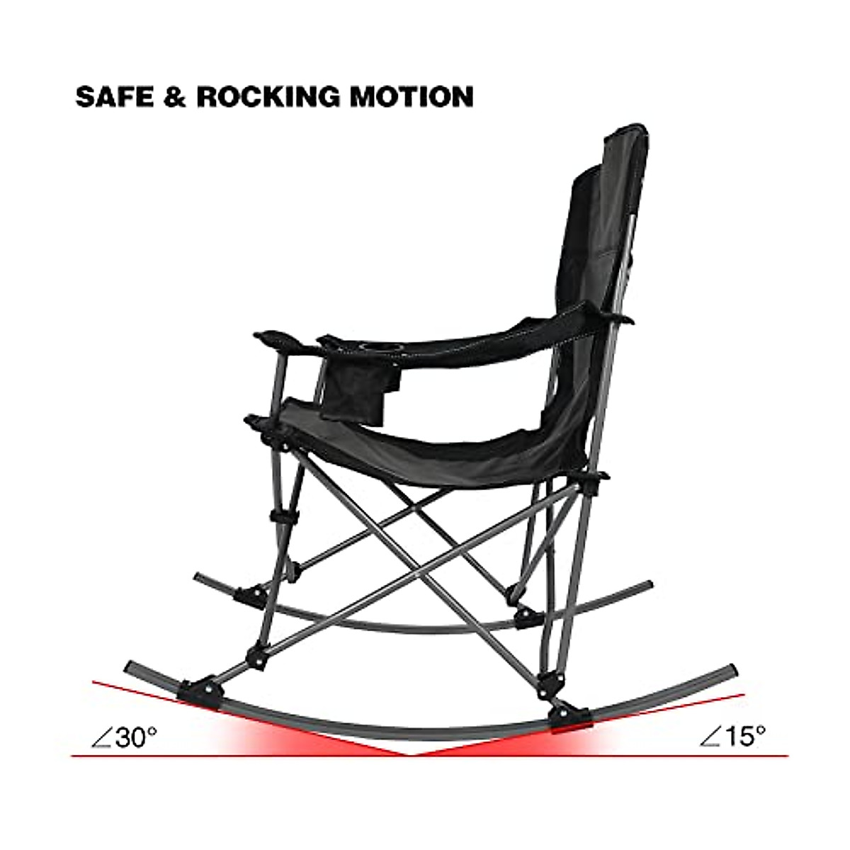 Varbucamp Camping Rocking Chair Outdoor, Folding Heavy Duty Rocker Patio Lawn Chair with High Back, Portable for Indoor Outside Garden, Black Padded Back