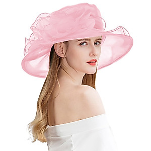 ELLYDOOR Fascinator Wedding Derby Hats for Women Bridal Organza Church Tea Party Hat Wide Brim Sun Hat (Pink)