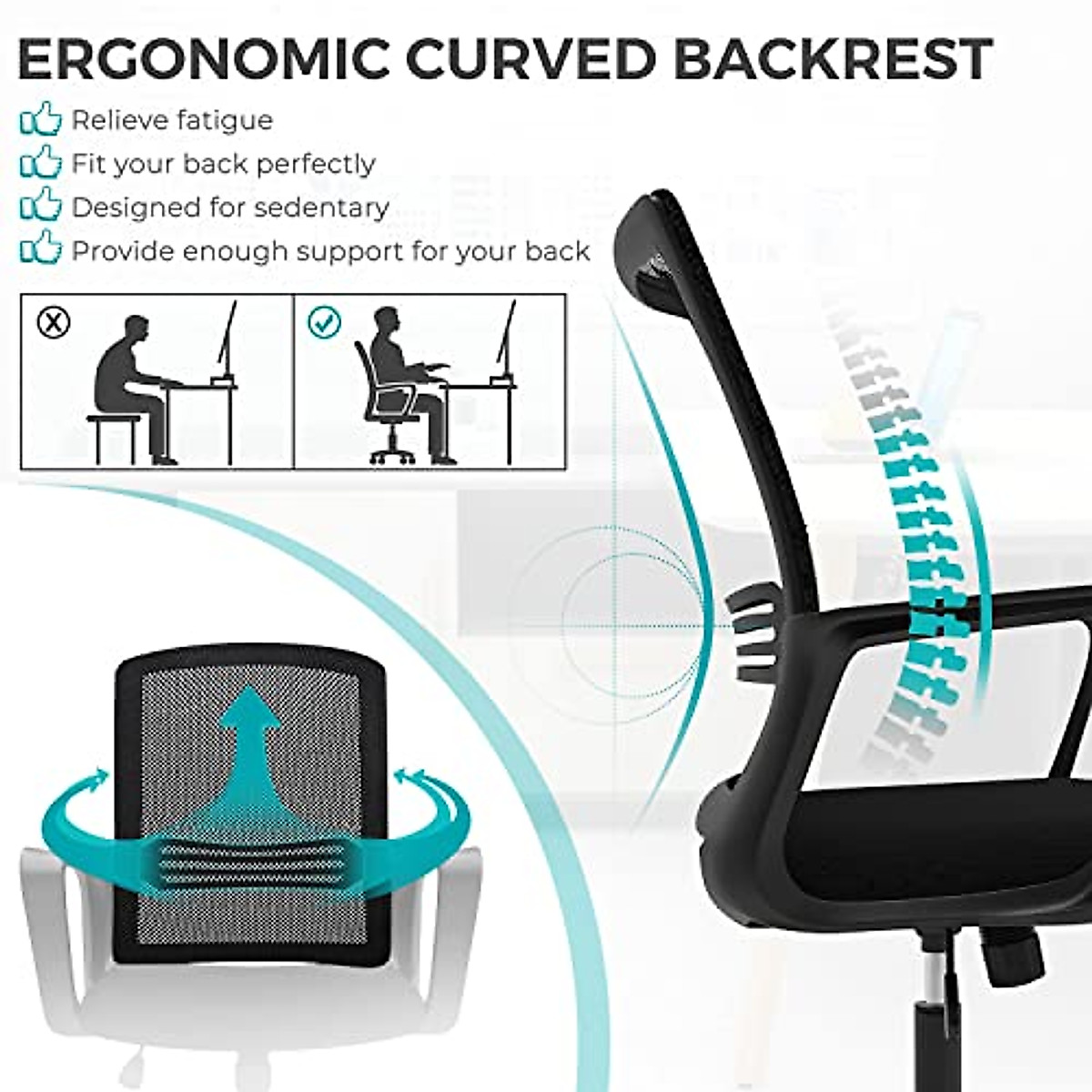 Office Chair Desk Chair Home Office Computer Chair with Wheels Mesh Office Chair with Lumbar Support, Mid Back Ergonomic Office Desk Chair with Armrests Adjustable Work Chairs, Black