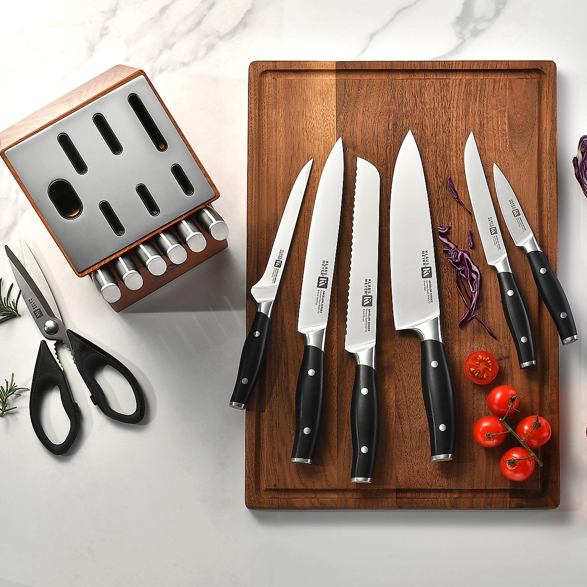 Klaus Meyer Arcelor 14 Piece Exclusive German Steel Non-Slip Handles Knife Set with Solid Wood Block …