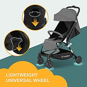 Uenjoy Baby Stroller One-Click Foldable Lightweight Stroller, with Lockable Universal Wheels, Five-Point Safety Belt, Adjustable Awning, Variable Seat and Recliner,Gray