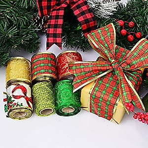 Christmas Ribbon Wired Wrapping Ribbon, 6 Rolls 36 Yards Red Green Gold Christmas Tree Ribbons Garland for Xmas Holiday Decorative Gift Wrapping Tree Wreaths Bows Decorations