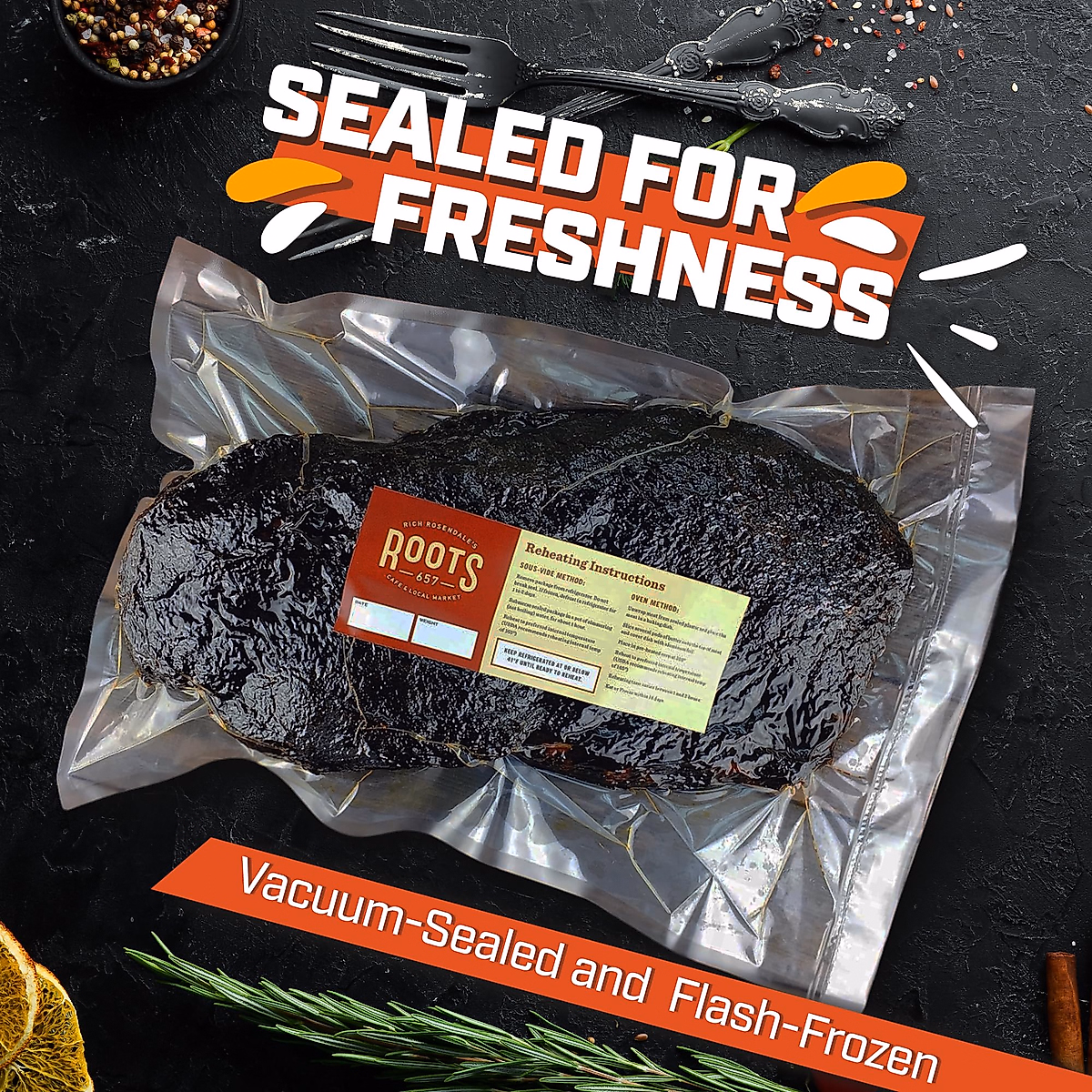 Roots Renowned 18 Hour Smoked Brisket 8-10 lbs- Fully Cooked – Master Chef Prepared & Blast-Chilled – Perfect for Festive Dinners, Gifts