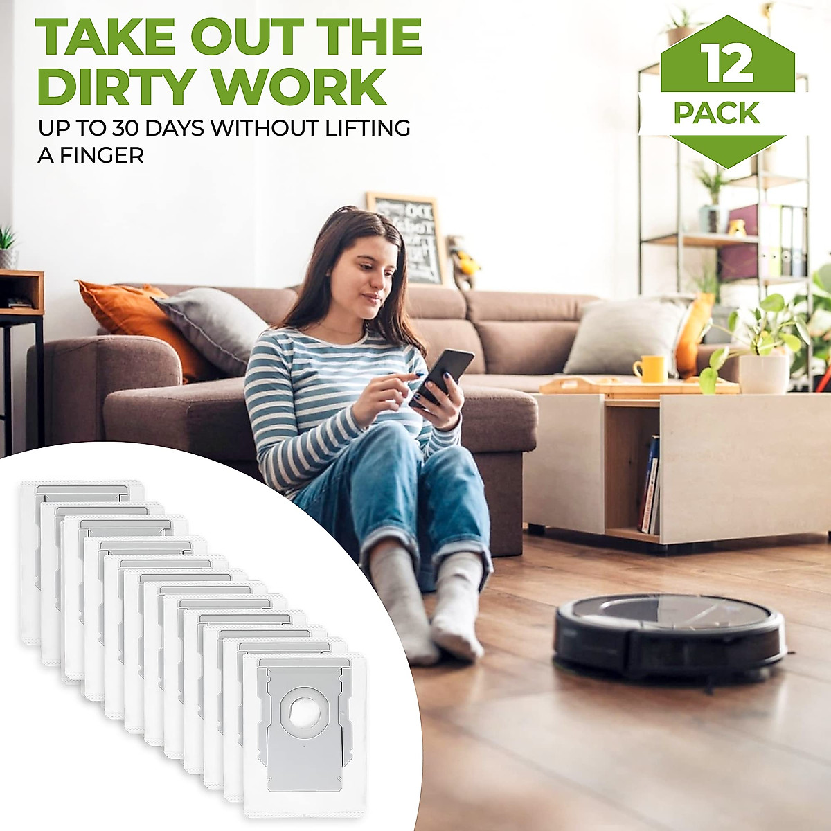 12Pack Vacuum Bags Compatible with iRobot Roomba Bags i & s & j Series, Replacement for iRobot Roomba i1+ i4+ i6+ i7+ i7Plus, i8+ s9+ Vacuum with Automatic Dirt Disposal Bags