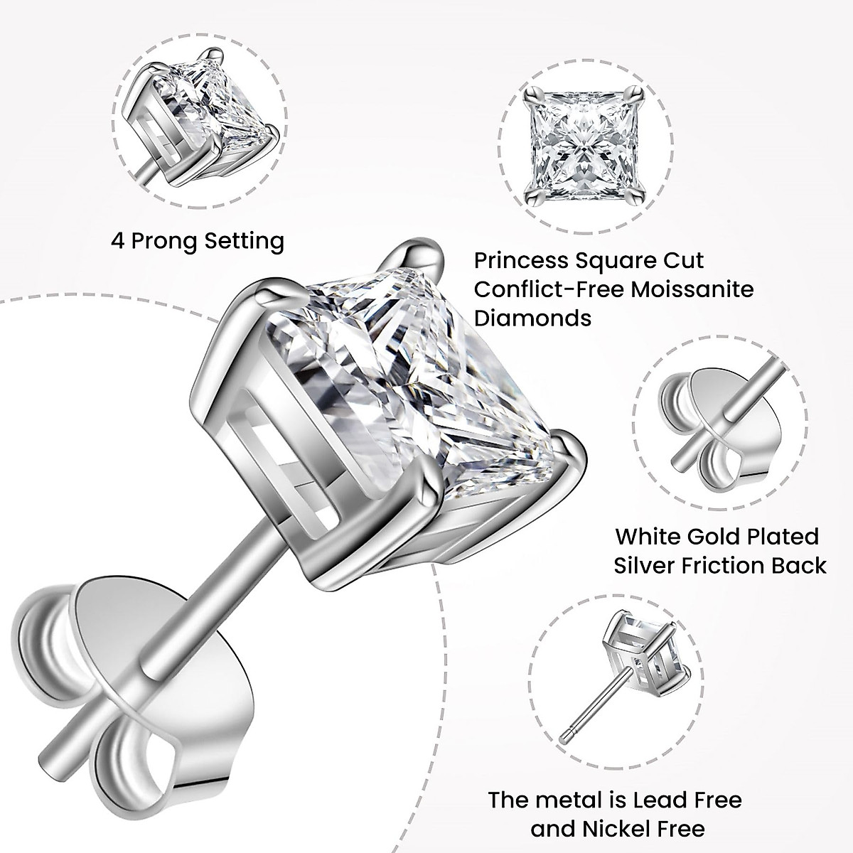 Tunzug Princess Square Moissanite Diamond Stud Earrings D Color VVS1 Clarity Lab Made Diamond Stud Earrings 18K White Gold Plated 925 Sterling Silver Friction Back Earrings for Women